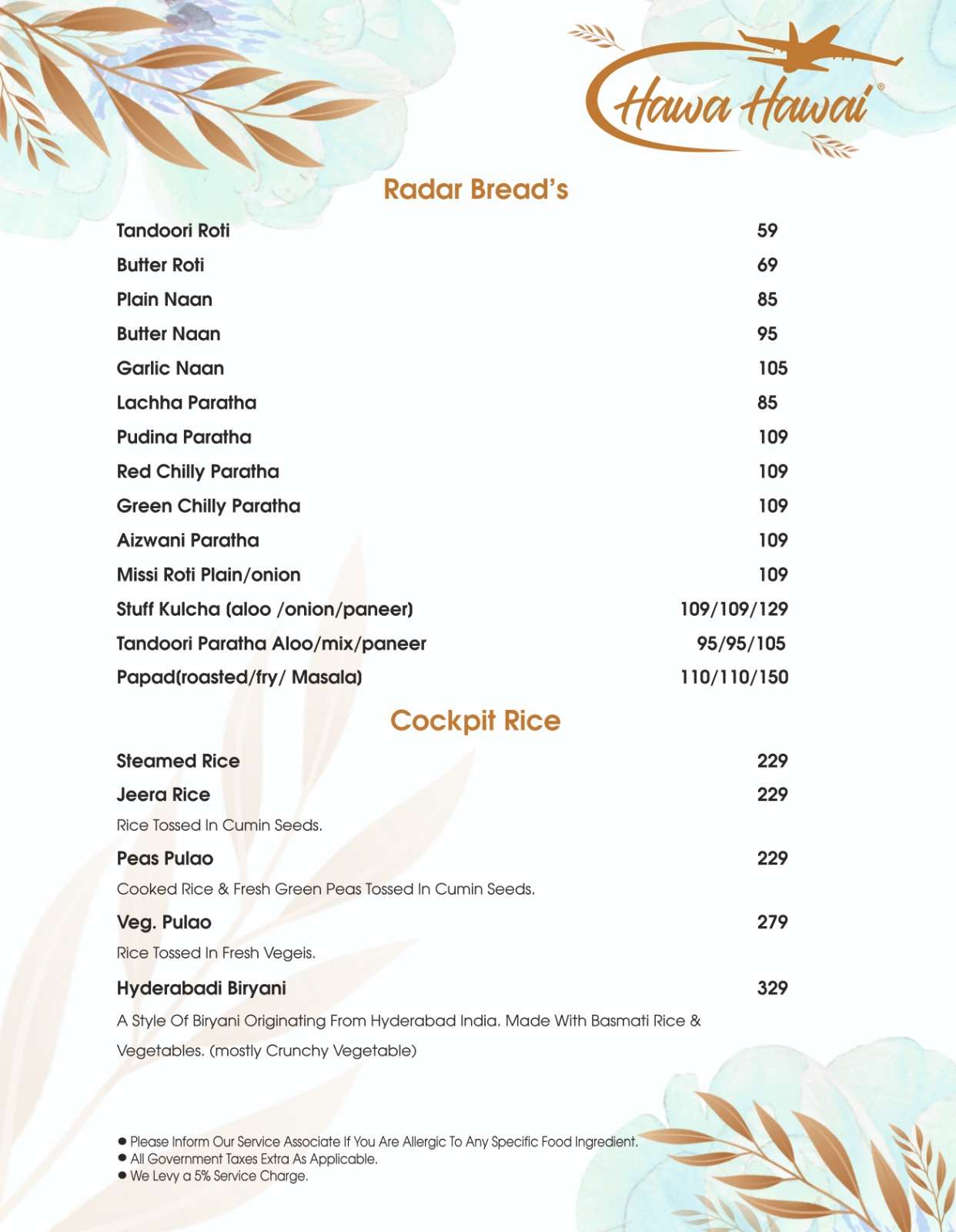 Hawa Hawai Aeroplane Restaurant Menu - Food - Price