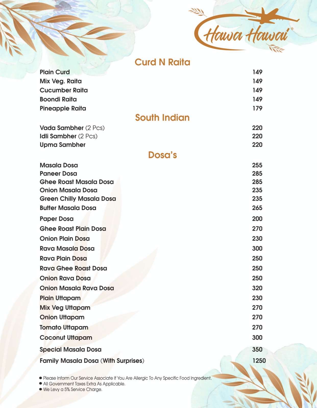 Hawa Hawai Aeroplane Restaurant Menu - Food - Price