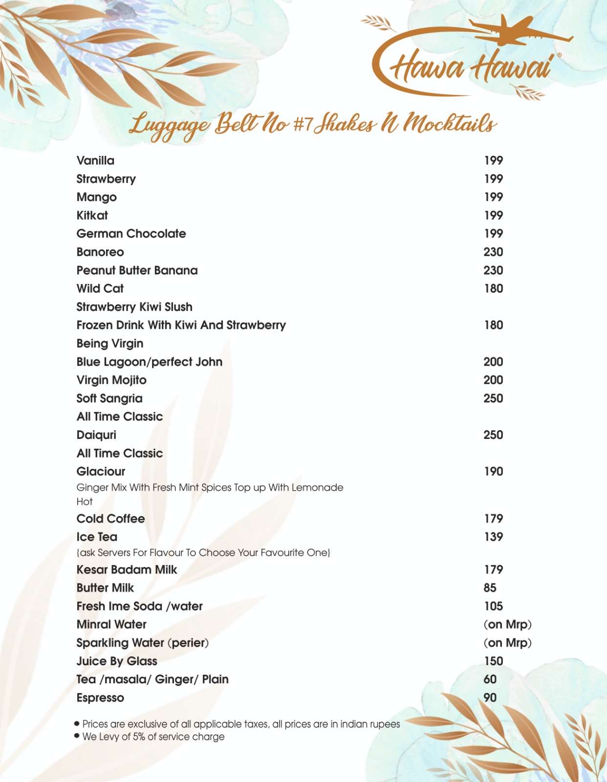 Hawa Hawai Aeroplane Restaurant Menu - Food - Price