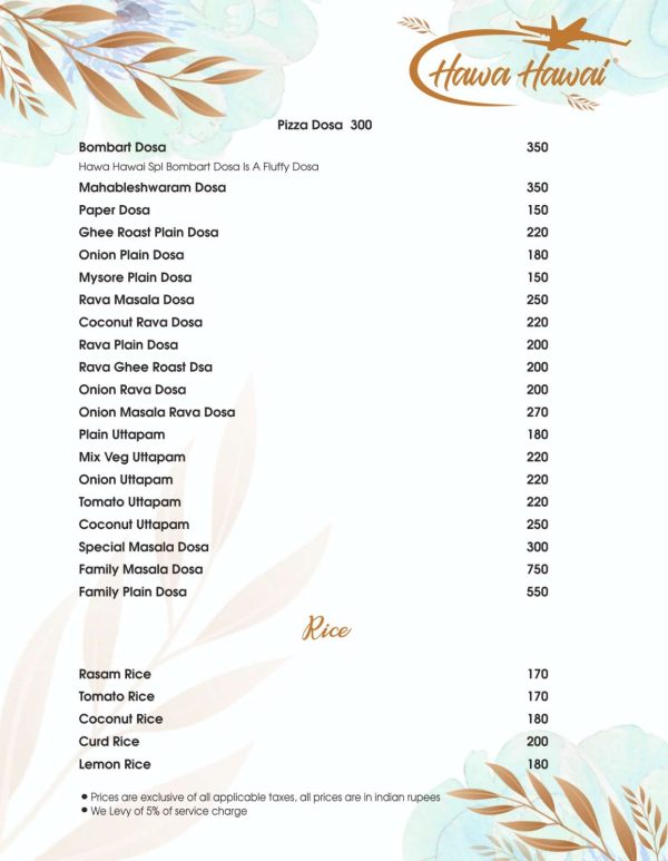 Hawa Hawai Aeroplane Restaurant Menu - Food - Price